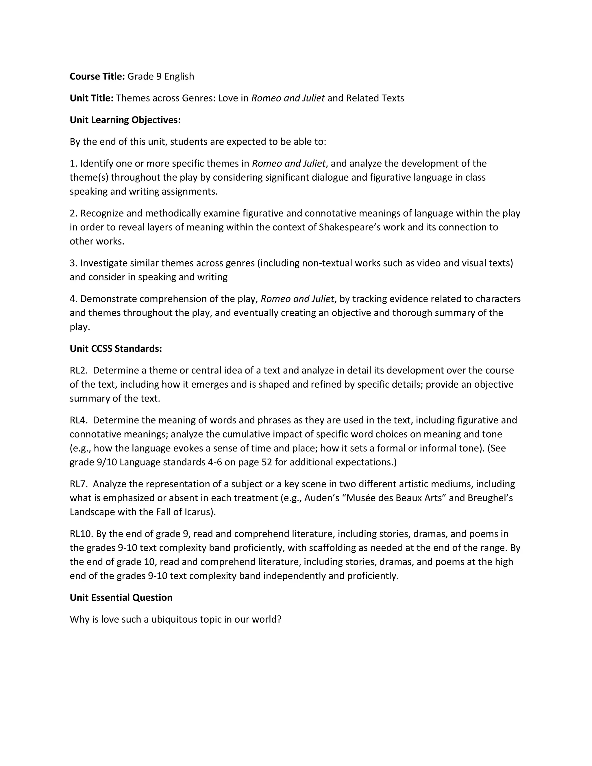 CTAP Romeo and Juliet Unit Assessments Overview | PDF