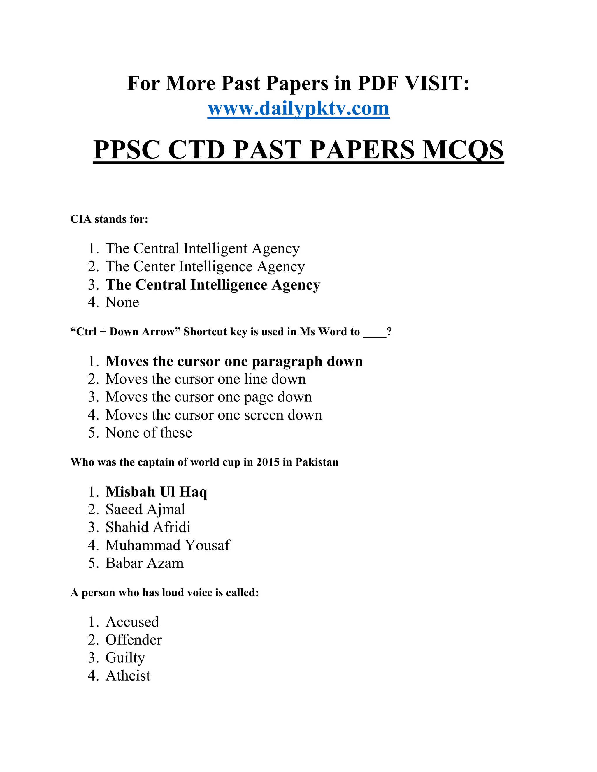 CTD Punjab Police Past Papers MCQs PPSC PDF | PDF