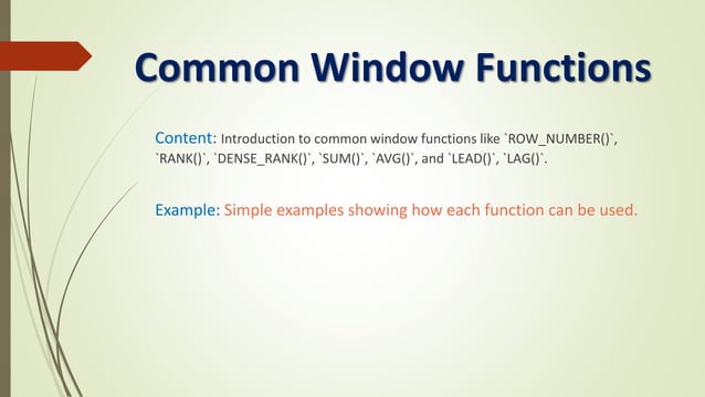 PPT of Common Table Expression (CTE), Window Functions, JOINS, SubQuery ...