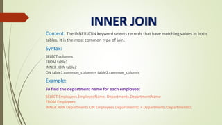 PPT of Common Table Expression (CTE), Window Functions, JOINS, SubQuery ...