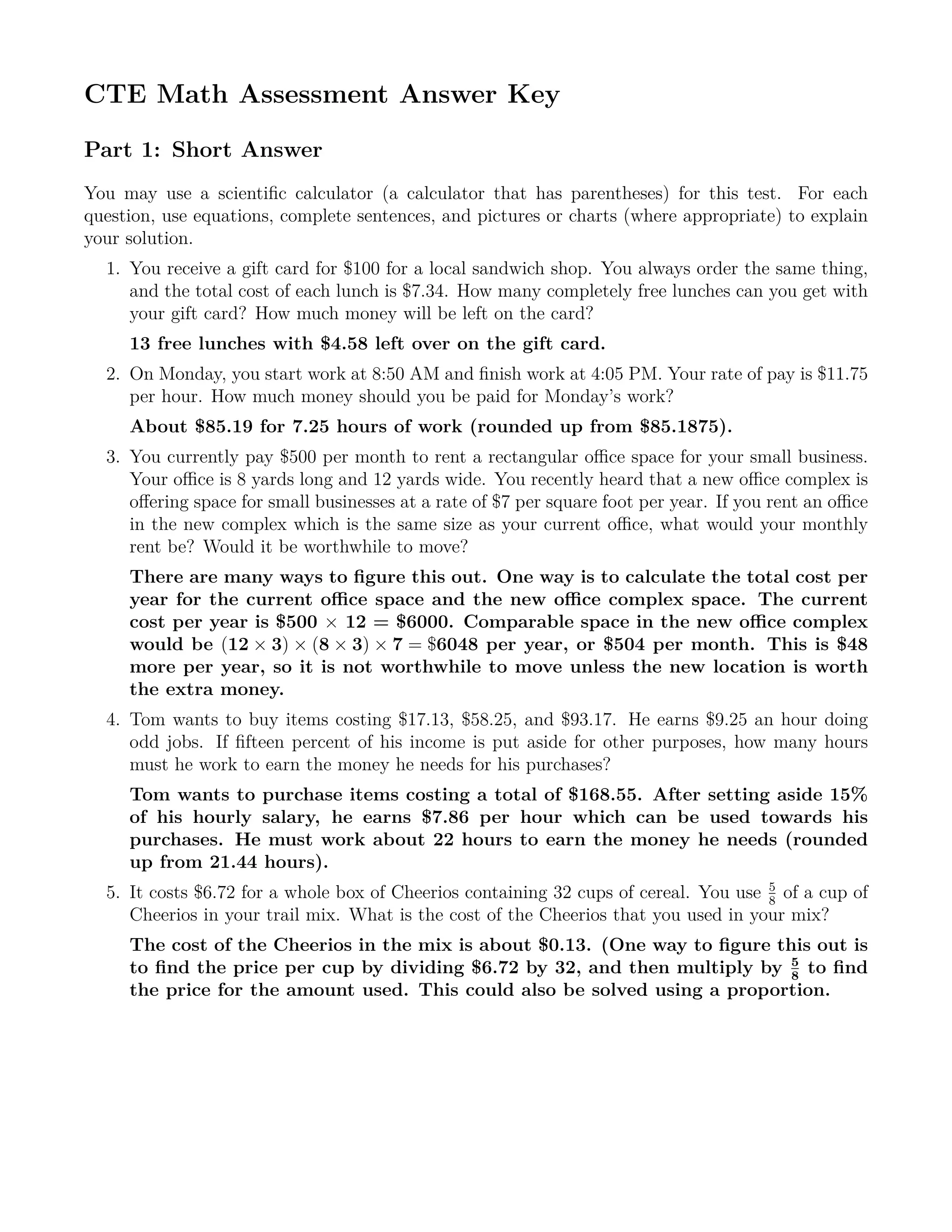 Cte math test_version_b_answer_key | PDF | Standardized Testing ...