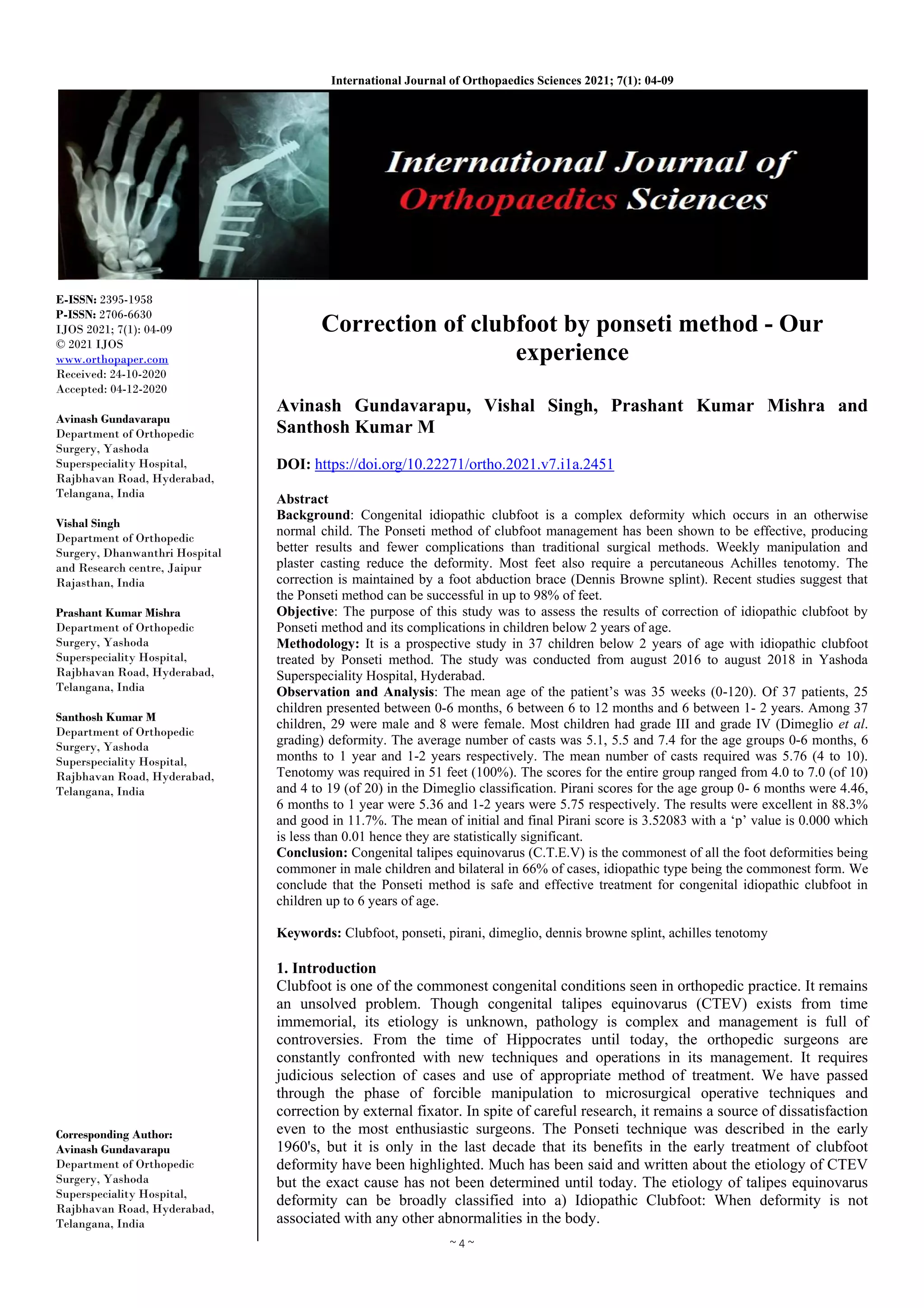 Correction of club foot by Ponseti method | PDF