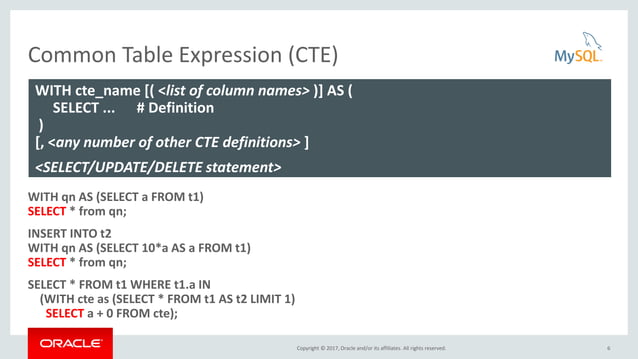 Common Table Expressions (CTE) & Window Functions in MySQL 8.0 | PPT