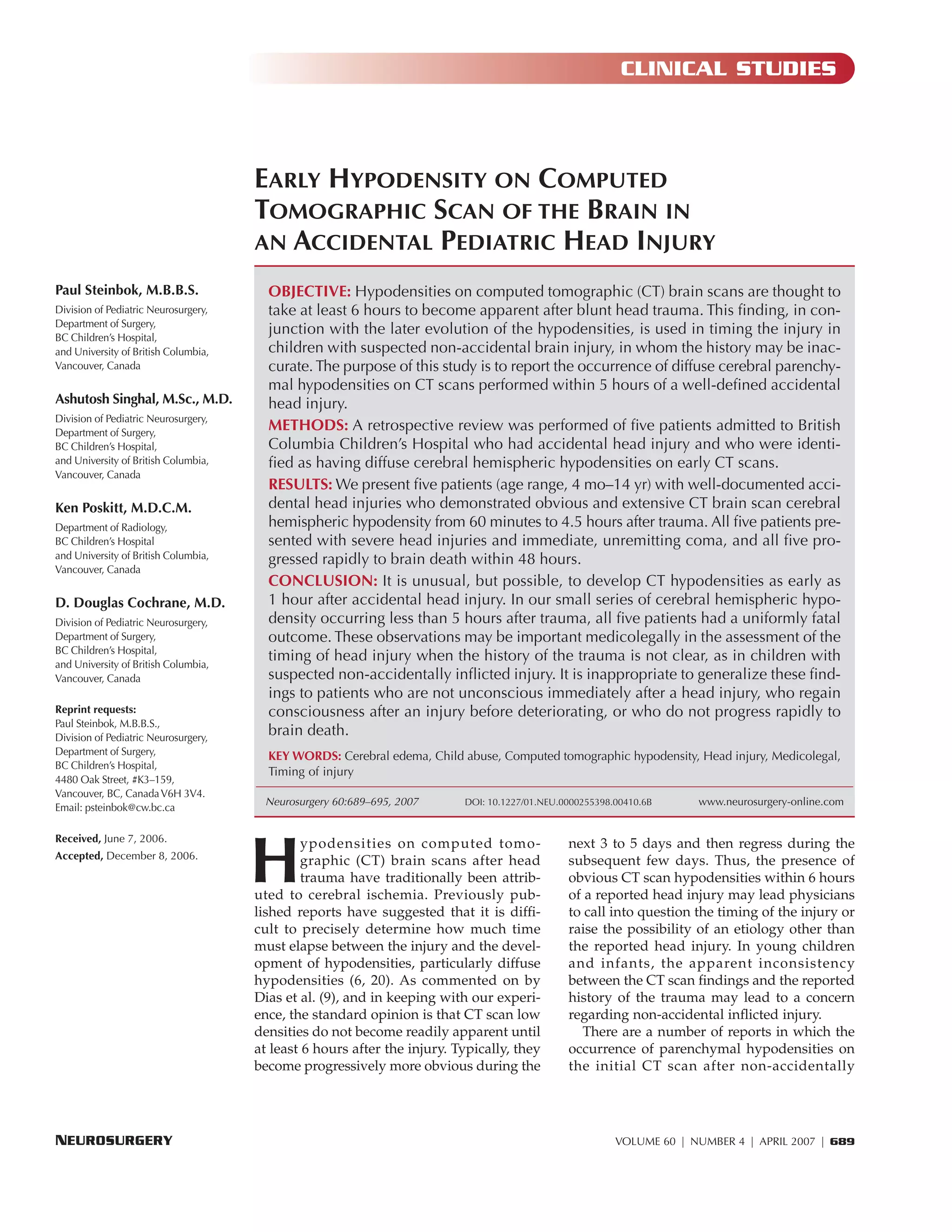 Ct Hypodensity Accid Ped Inj Neurosurg Steinbok Poskitt | PDF