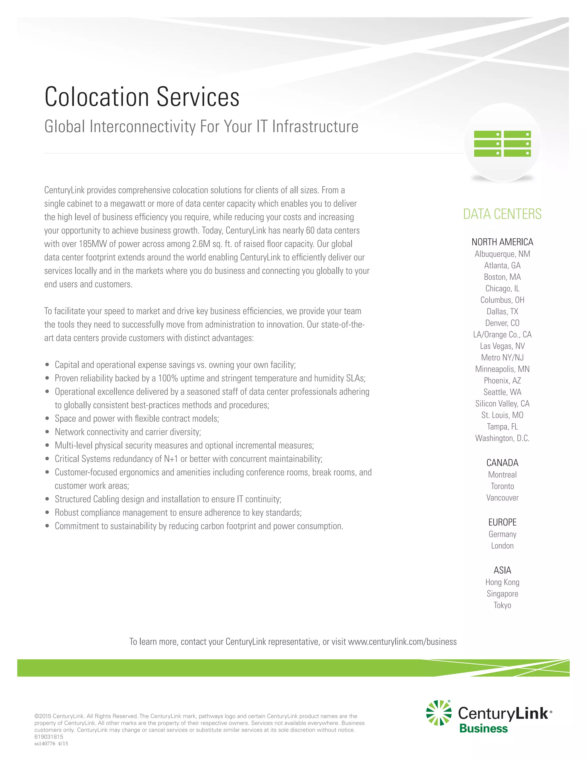 CenturyLink Colocation Services - Global Interconnectivity For Your IT Infrastructure | PDF