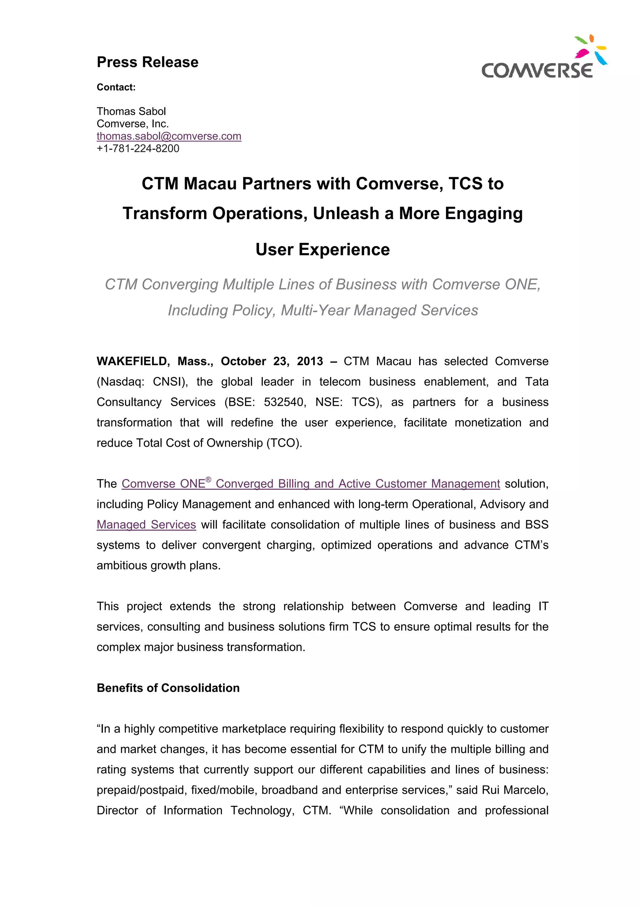 CTM Macau Partners with Comverse, TCS to Transform Operations, Unleash ...