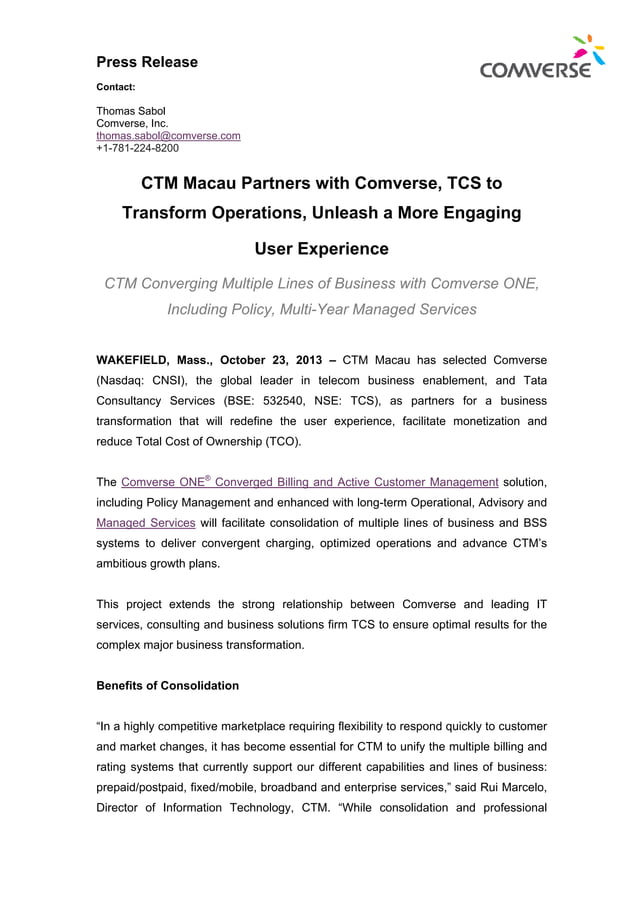 CTM Macau Partners with Comverse, TCS to Transform Operations, Unleash ...