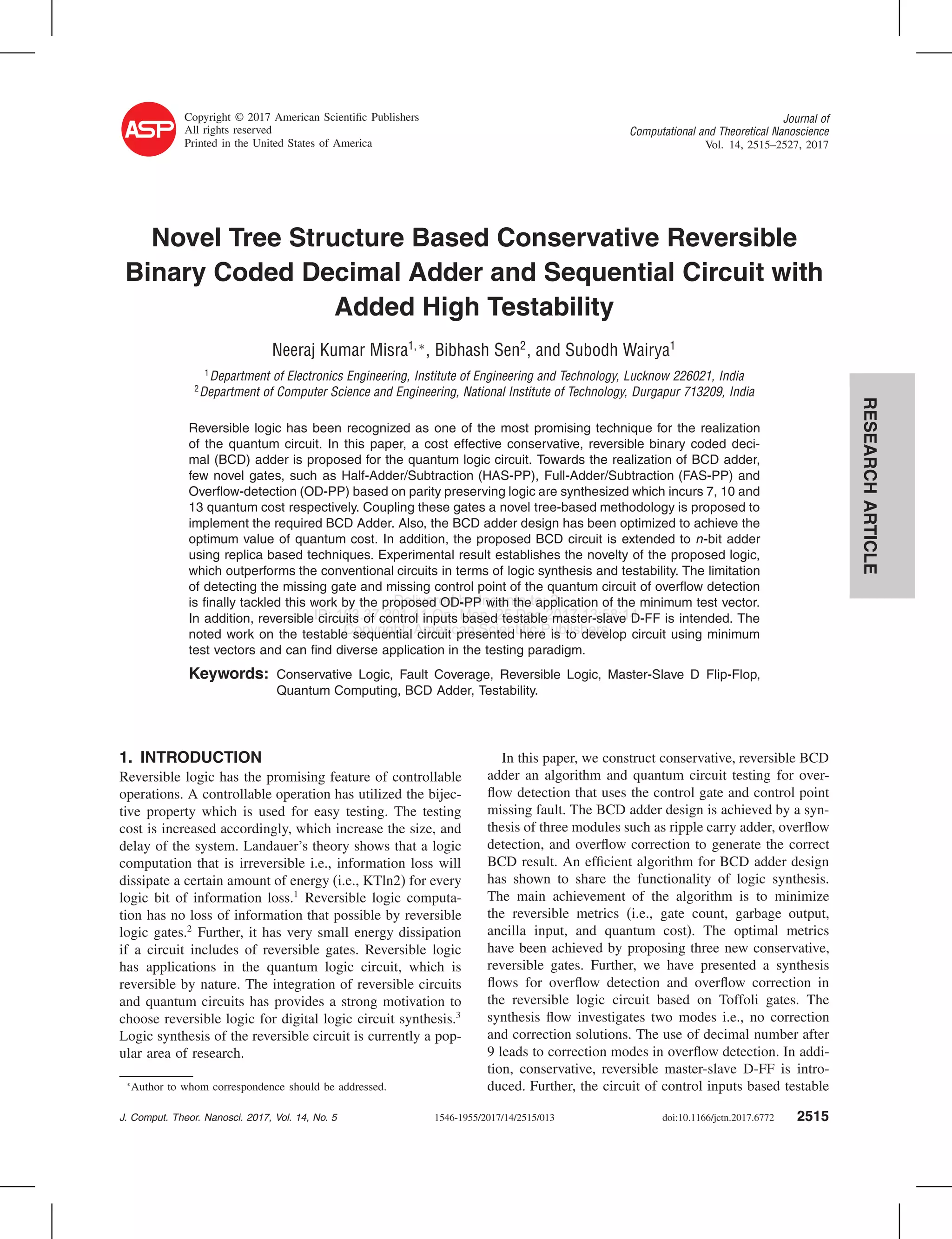 Novel Tree Structure Based Conservative Reversible Binary Coded Decimal Adder And Sequential 7425