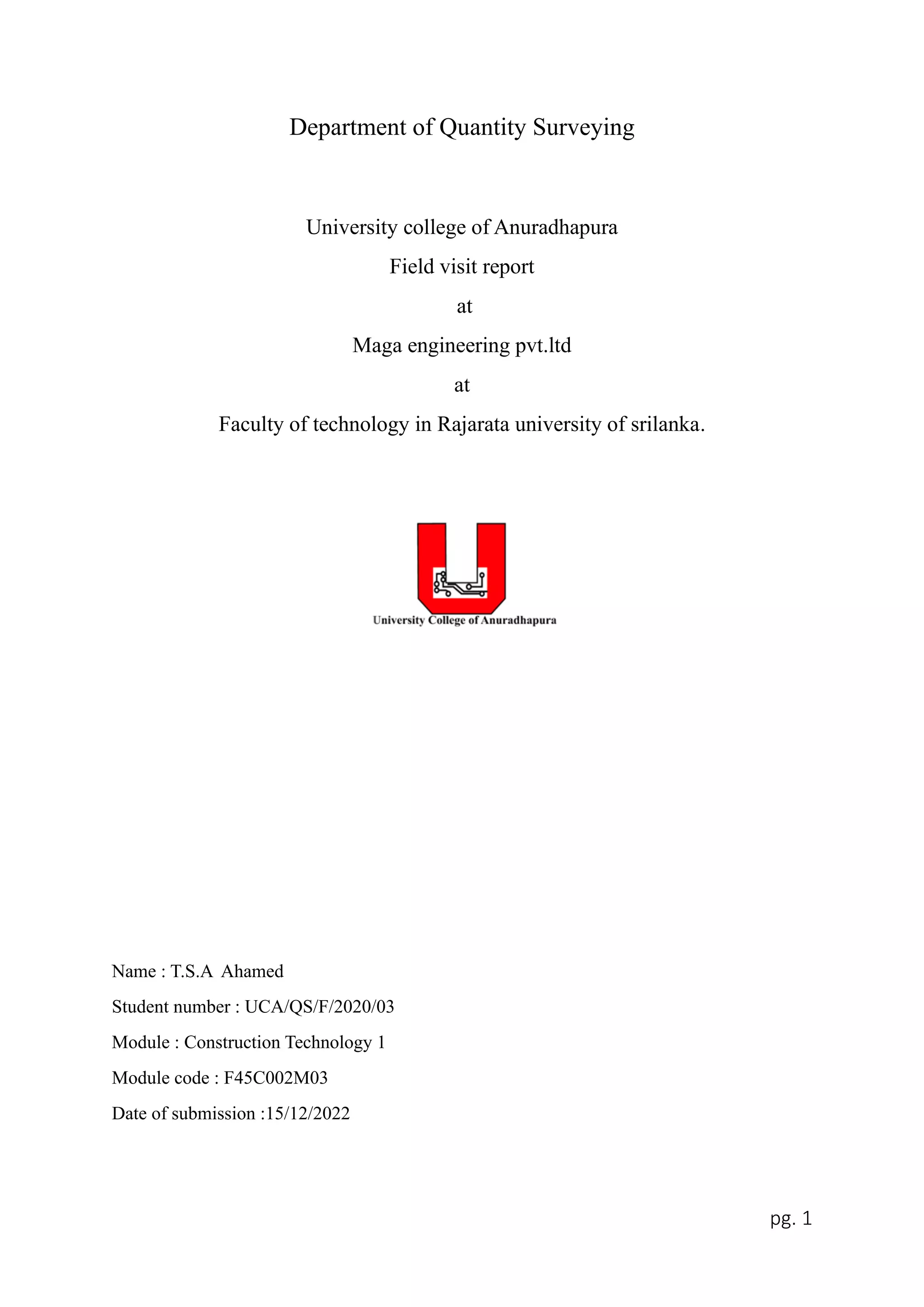 field visit report at faculty of technology in rajarata university of srilanka. | PDF