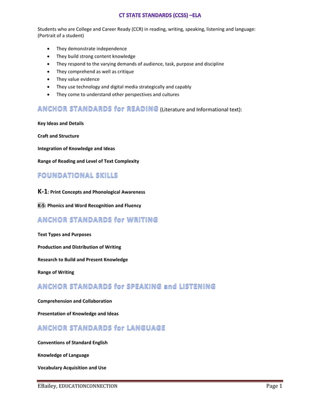 Ct state standards ela anchor standards overview | PDF | College ...