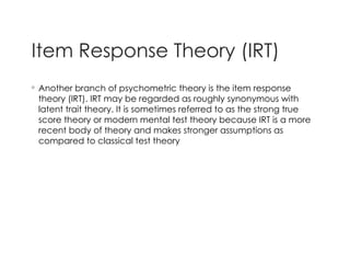 CTT, Reliability, IRT, Factor Analysis.pptx