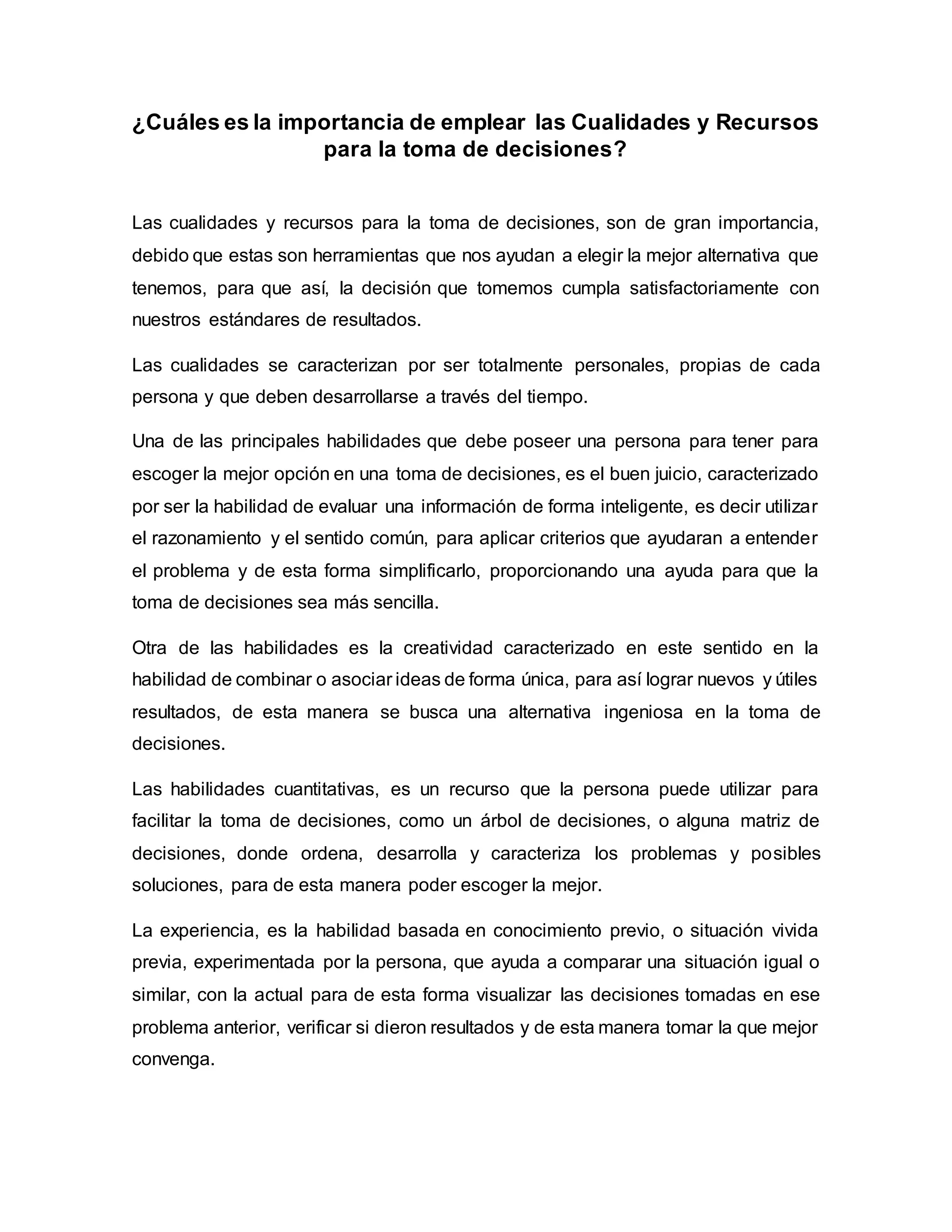 Cualidades y Recursos para la Toma de Decisiones | PDF
