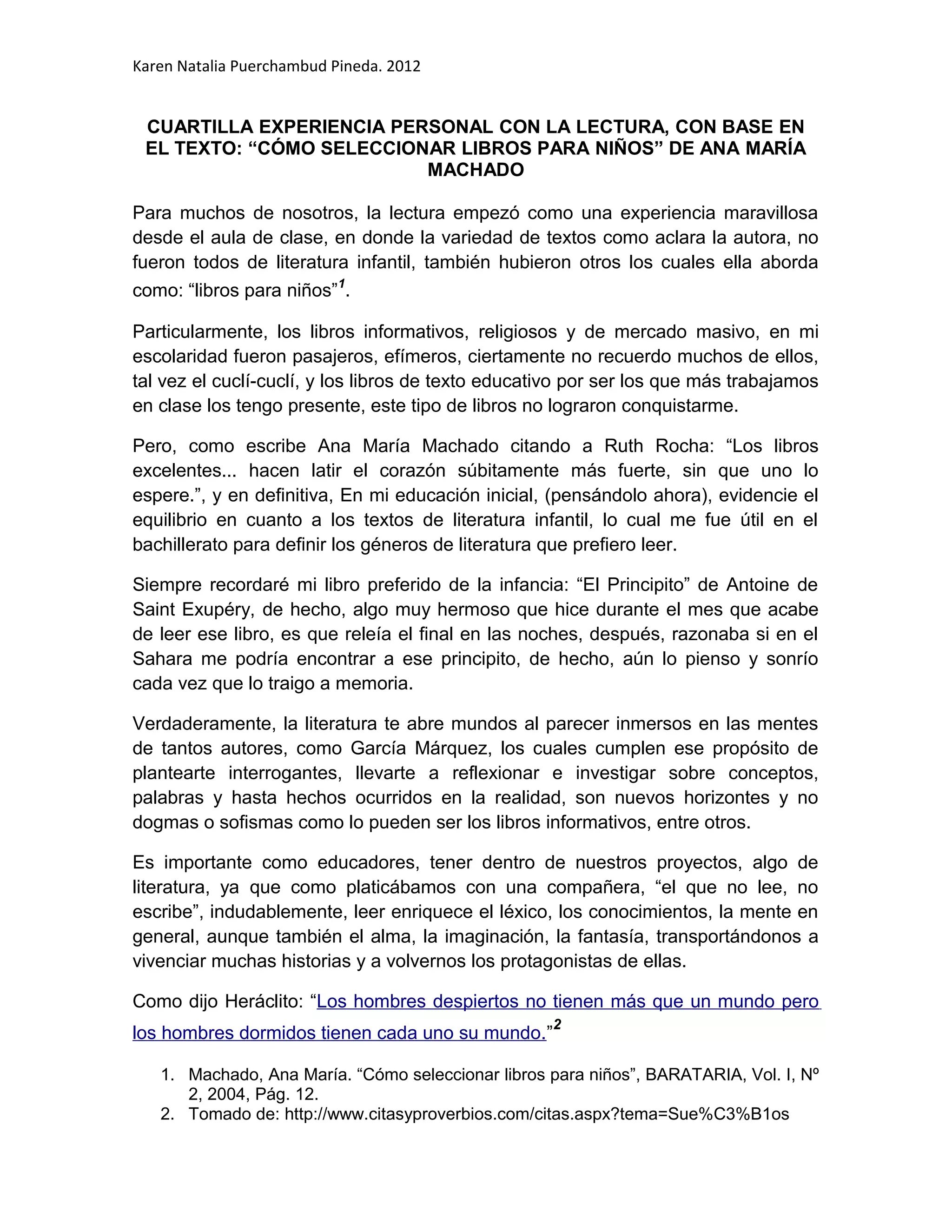 Cuartilla experiencia personal con la lectura | DOC | Education