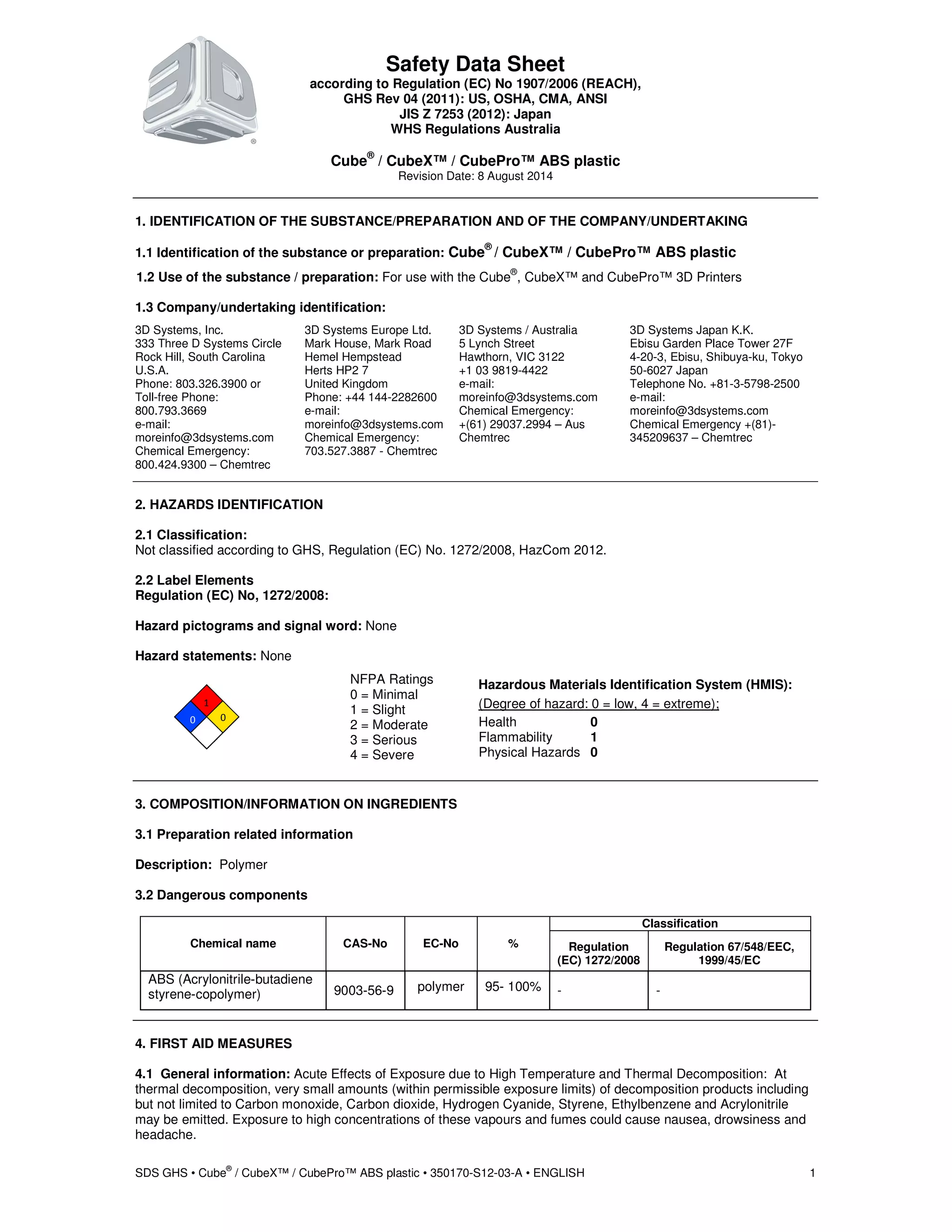 MSDS about the ABS plastic consumable for Cube, CubeX and CubePro | PDF