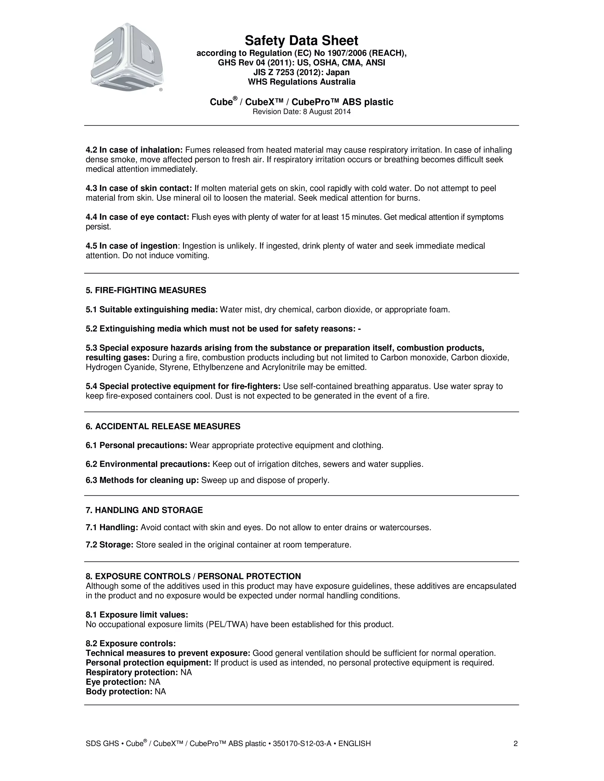 MSDS about the ABS plastic consumable for Cube, CubeX and CubePro | PDF