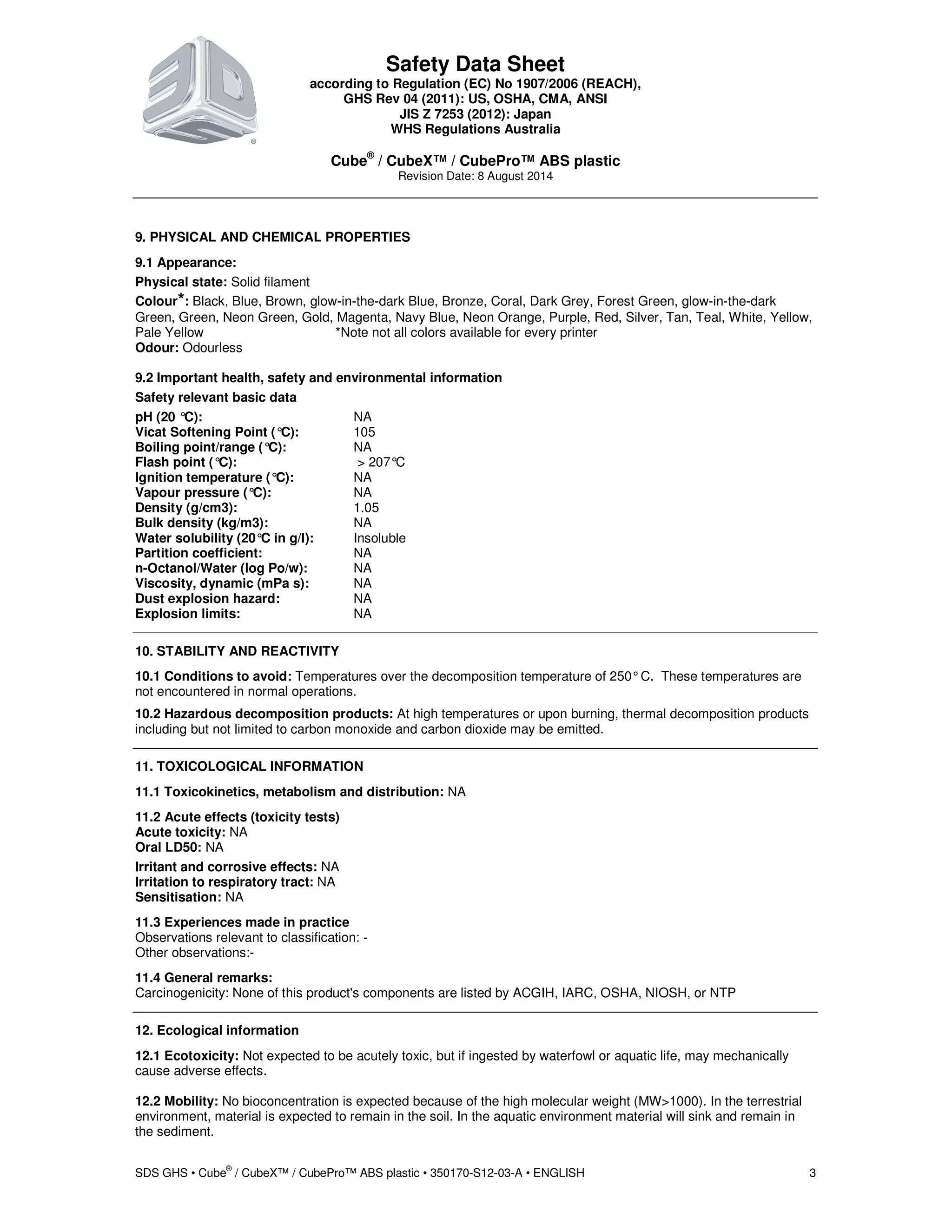 MSDS about the ABS plastic consumable for Cube, CubeX and CubePro | PDF