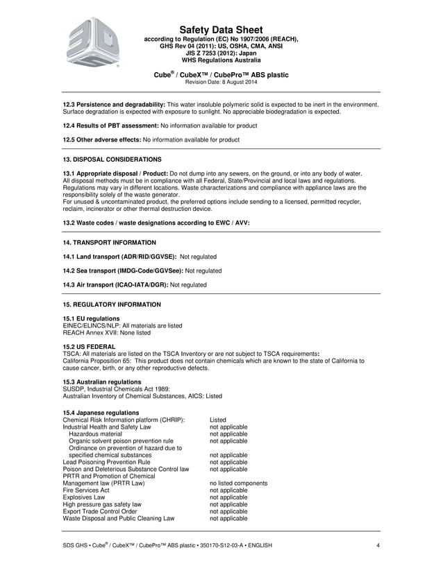 MSDS about the ABS plastic consumable for Cube, CubeX and CubePro | PDF
