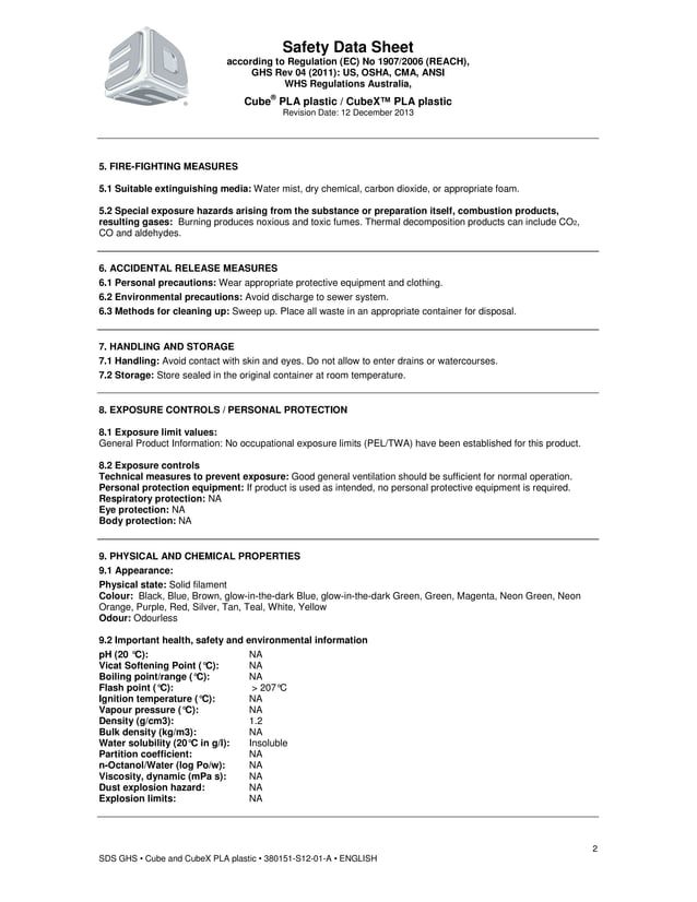 MSDS about the PLA plastic consumable for Cube and CubeX | PDF