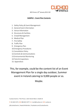 Cuckoo events bics 2013 - sample event management plan contents 1 | PDF