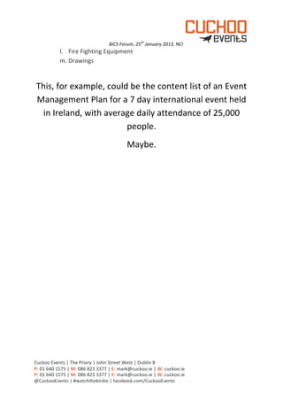 Cuckoo events bics 2013 - sample event management plan contents 2 | PDF