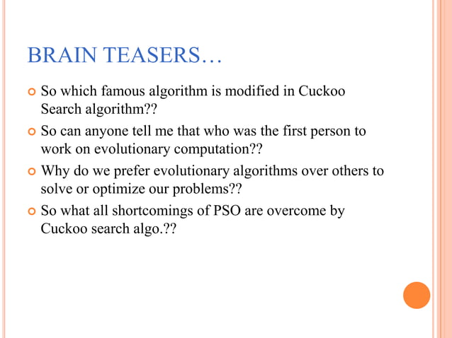 Cuckoo search algorithm | PPTX | Biological Sciences | Science