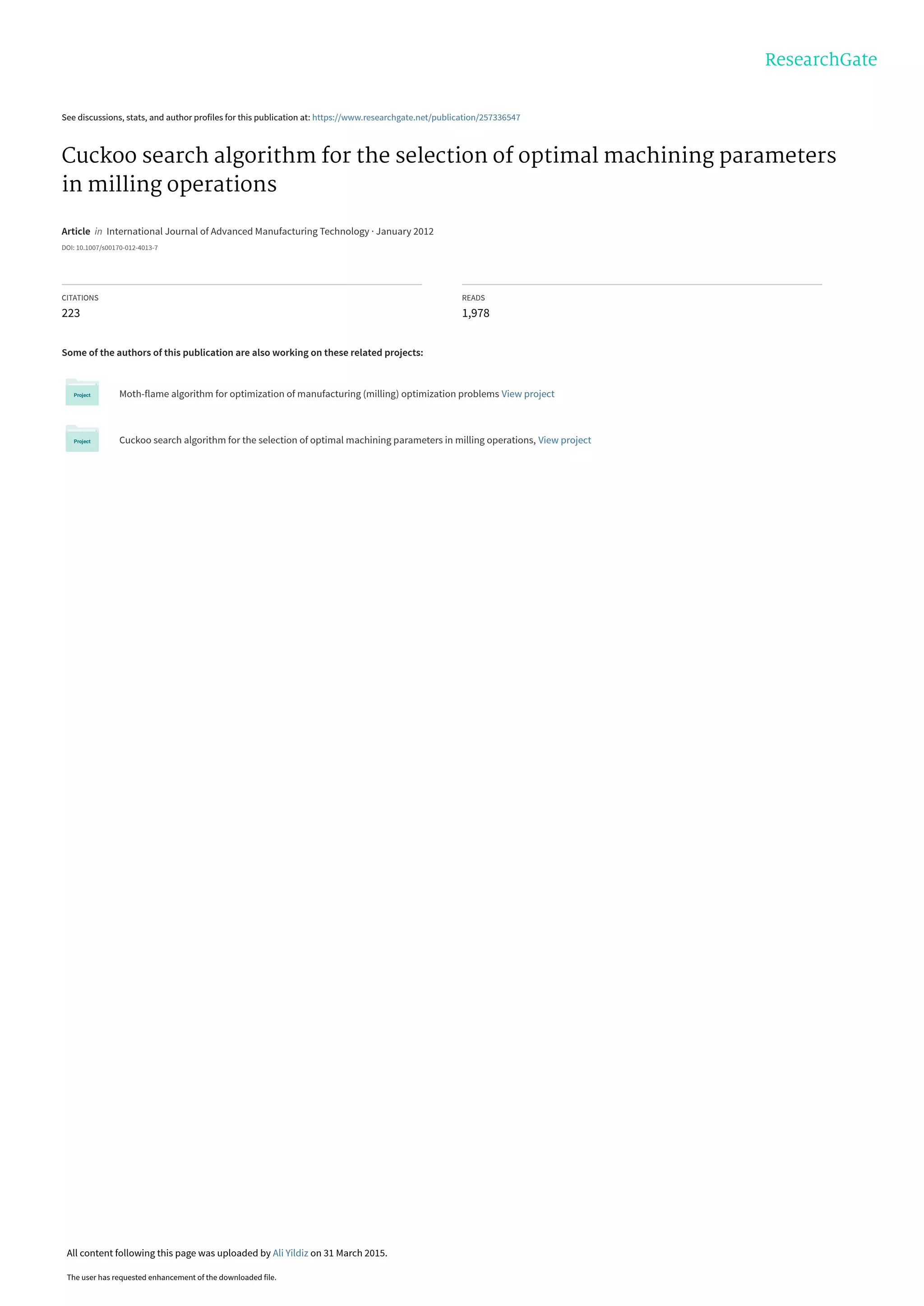 Cuckoosearchalgorithmfortheselectionofoptimalmachiningparametersinmillingoperations | PDF