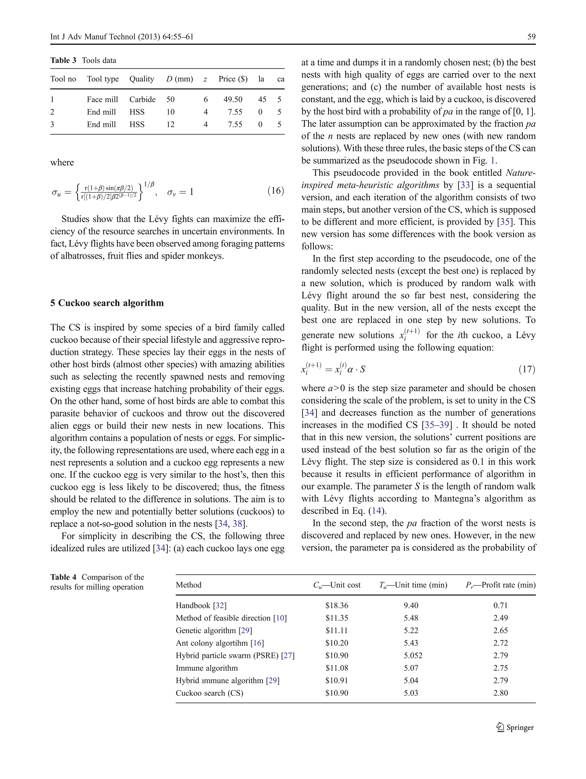 Cuckoosearchalgorithmfortheselectionofoptimalmachiningparametersinmillingoperations | PDF