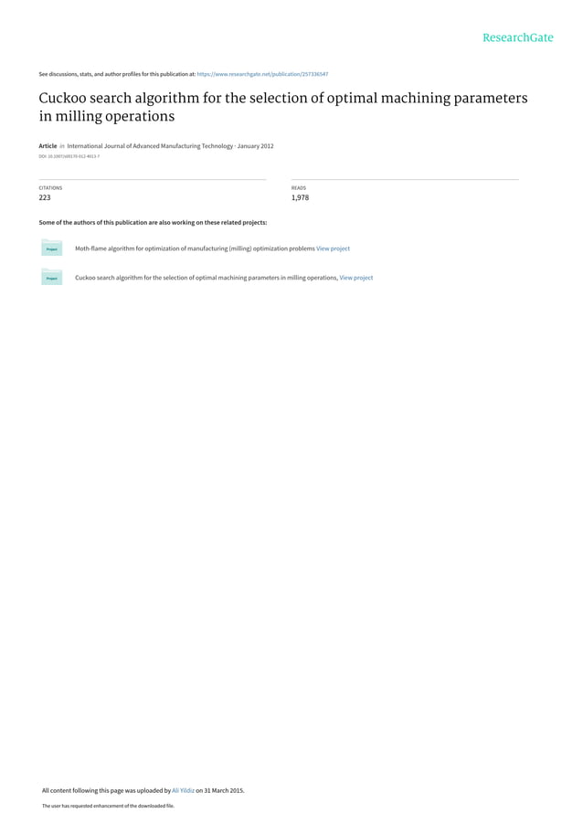 Cuckoosearchalgorithmfortheselectionofoptimalmachiningparametersinmillingoperations Pdf 