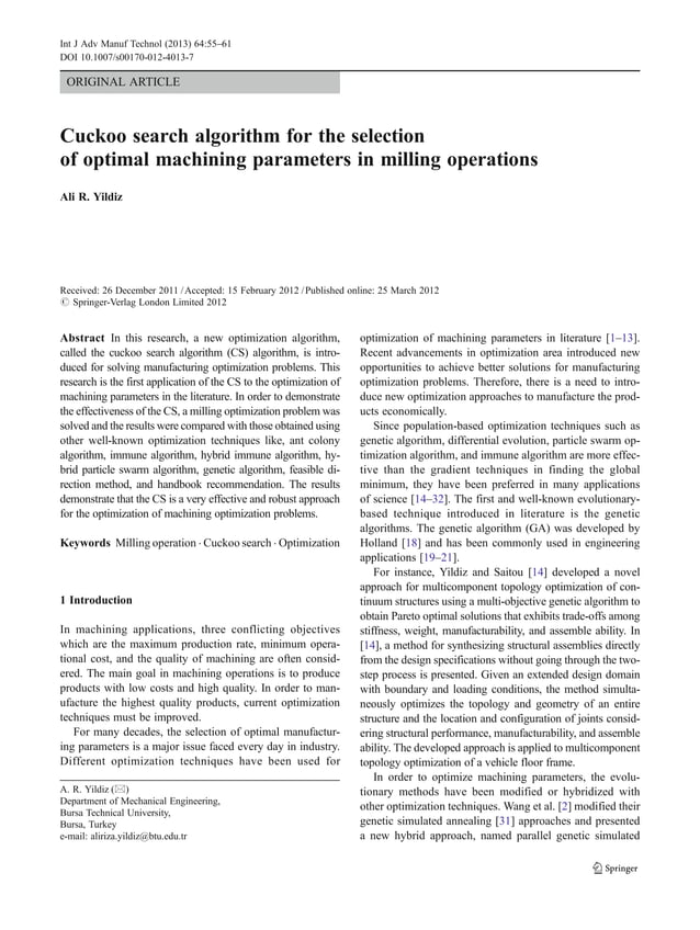 Cuckoosearchalgorithmfortheselectionofoptimalmachiningparametersinmilli