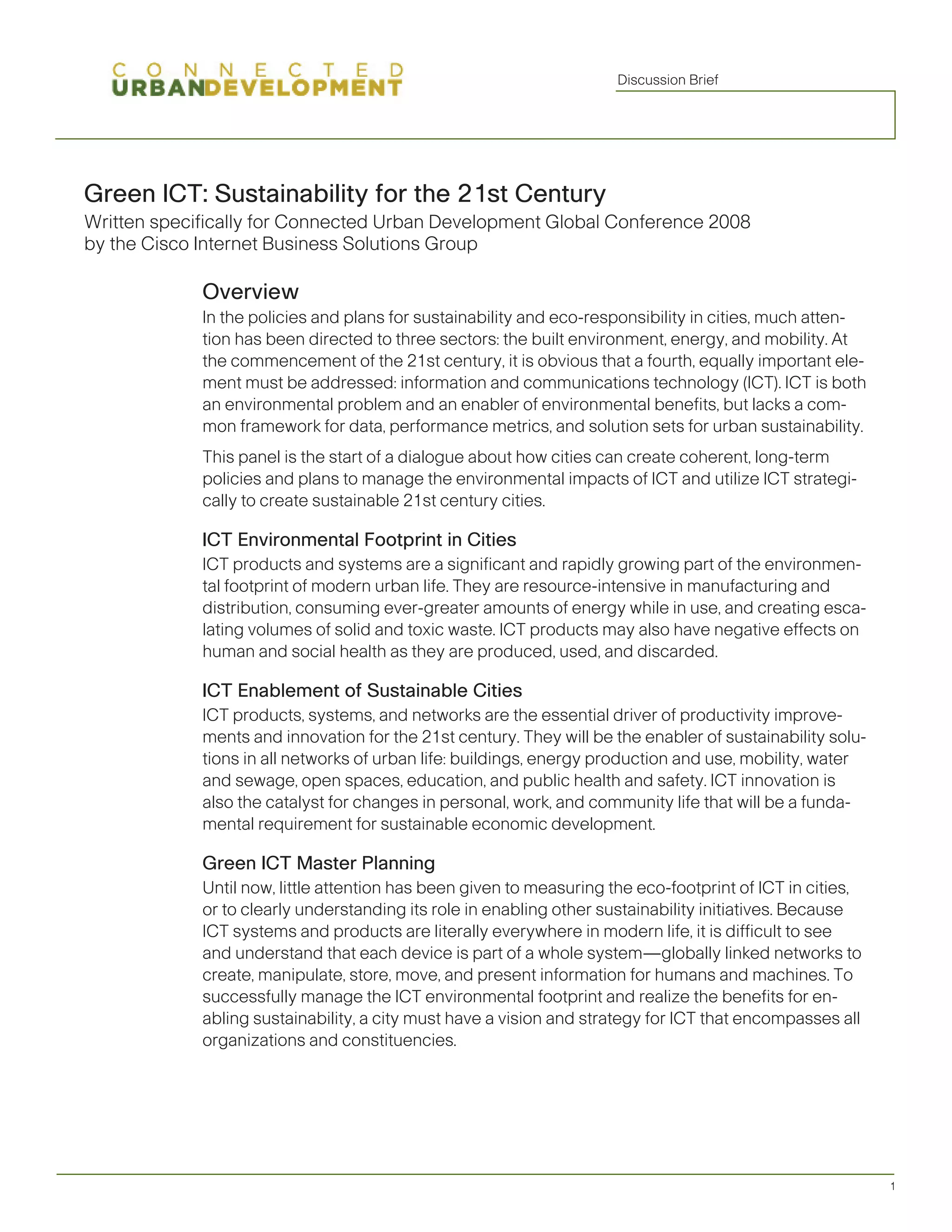 Conference Discussion Brief - Green ICT: Sustainablility for the 21st Century | PPT