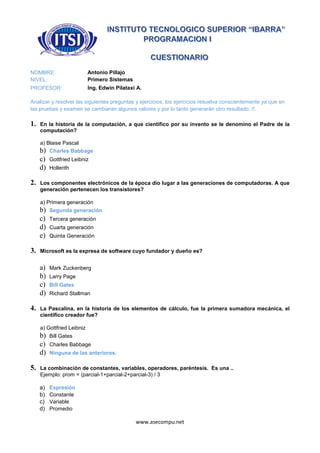 CUESTIONARIO DE PROGRAMACION I | PDF