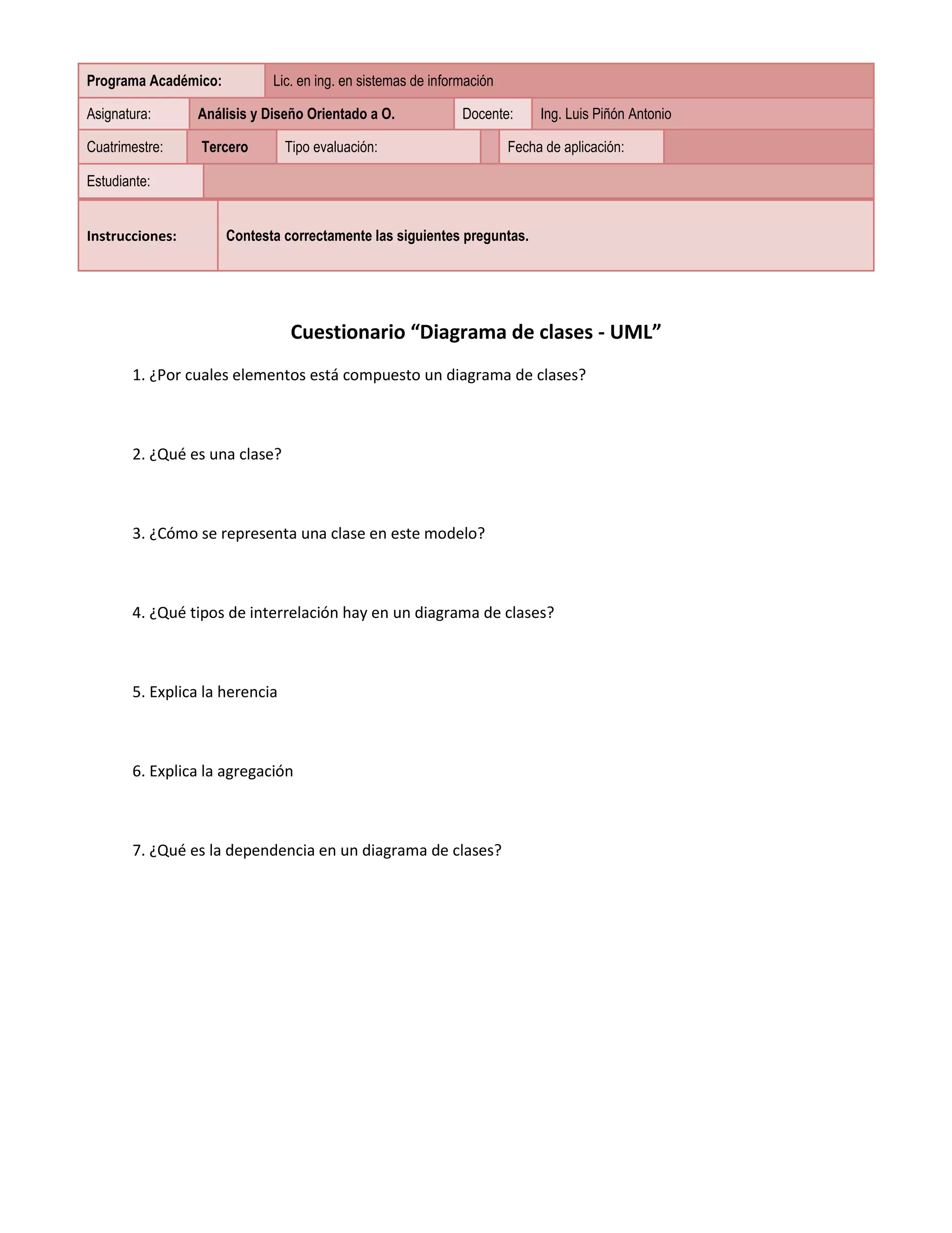 Cuestionario diagrama de clases | DOCX