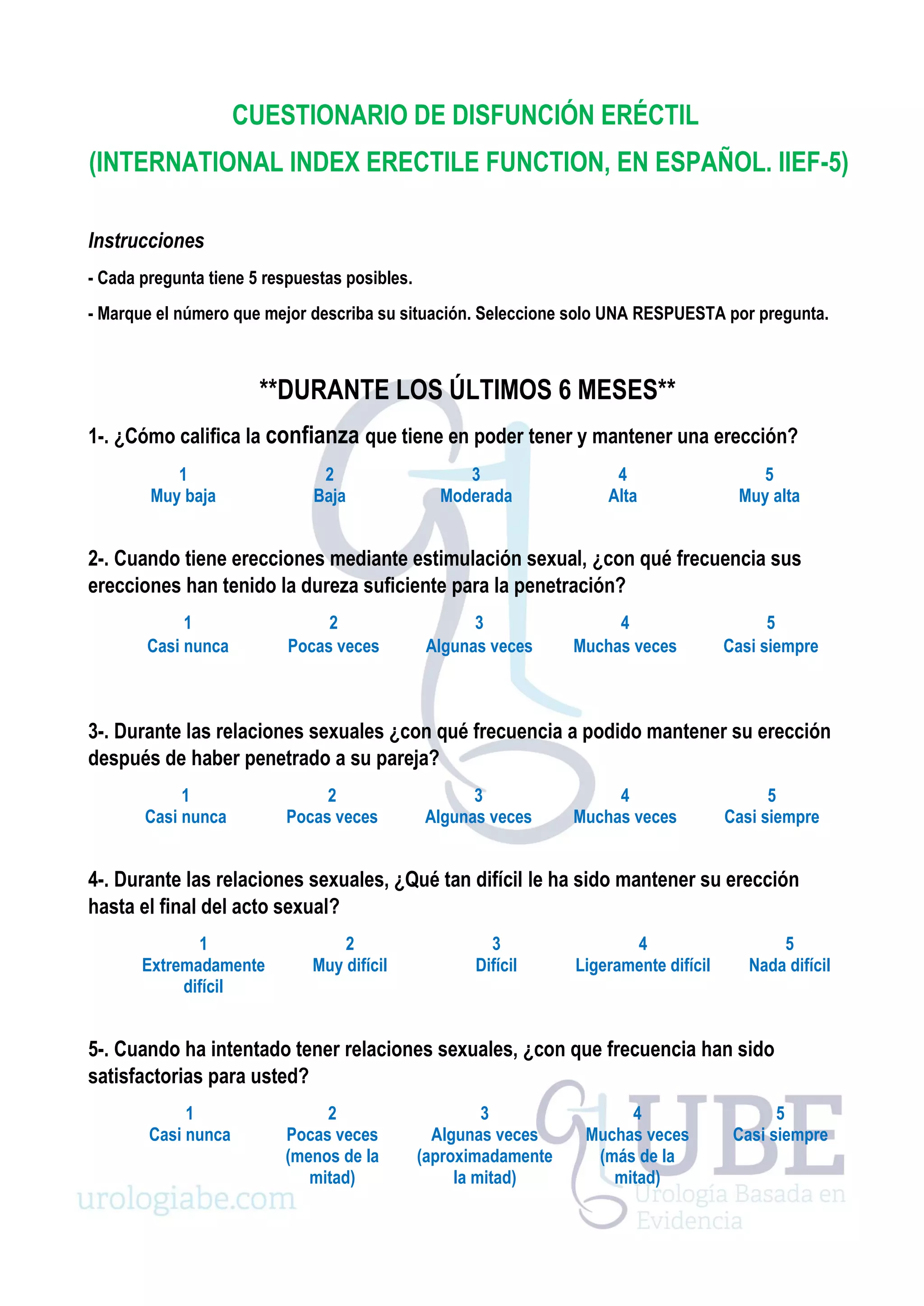 Cuestionario disfuncion erectil - IIEF-5, en Español | PDF