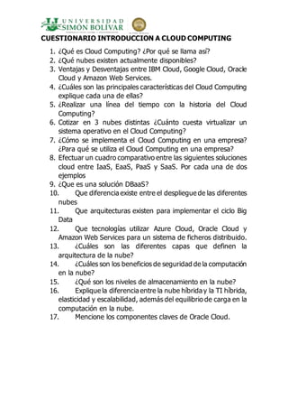 CUESTIONARIO INTRODUCCION A CLOUD COMPUTING | DOCX