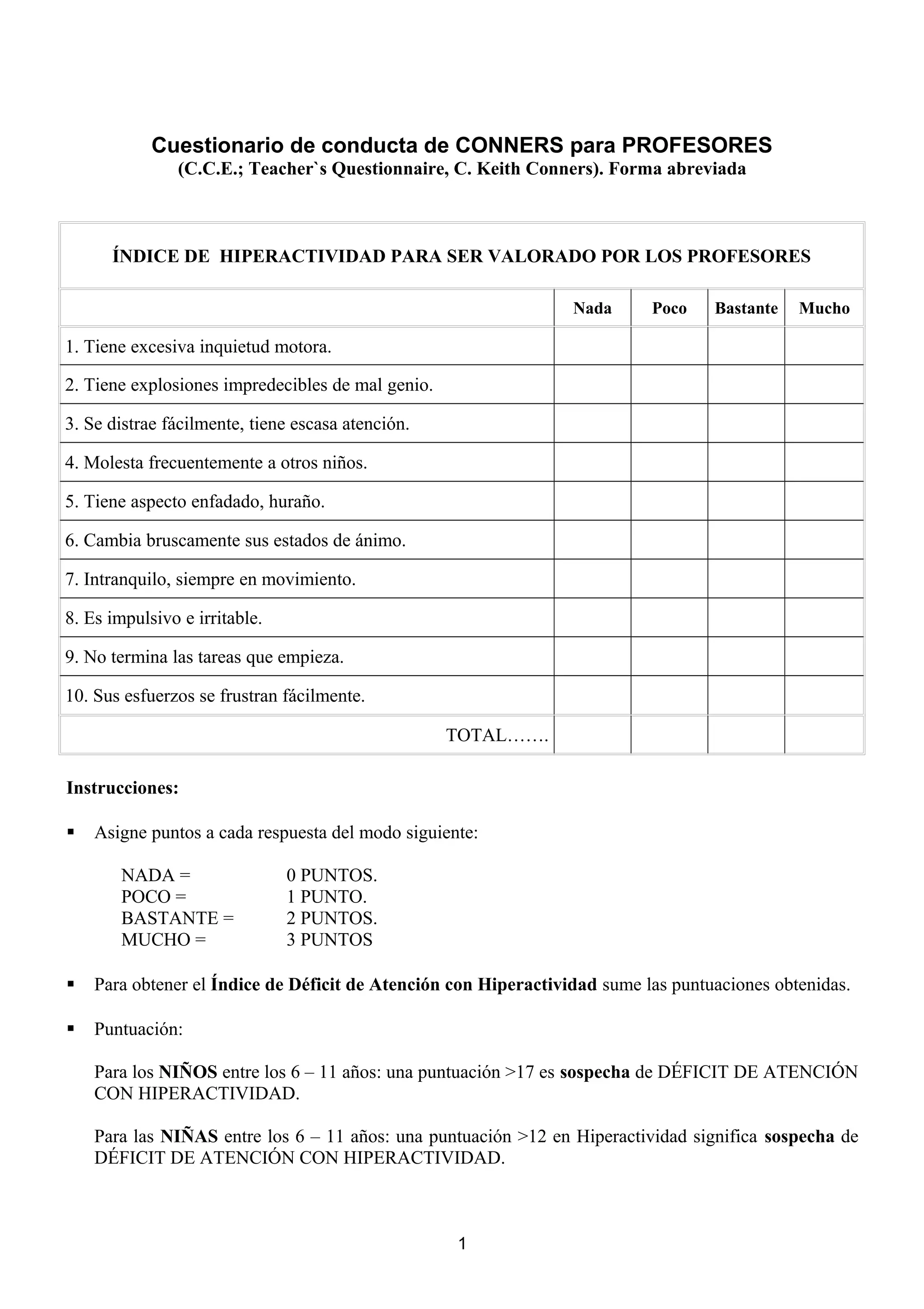 Cuestionarios para diagnosticar el tdah (conners) | DOC