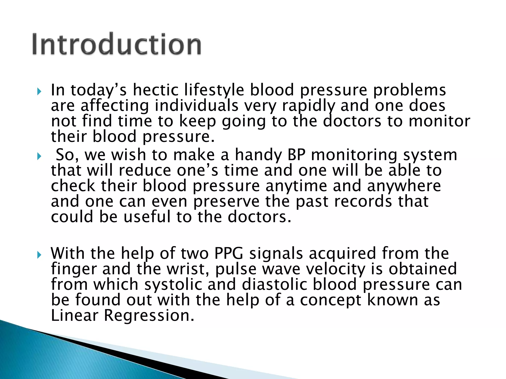 Cuffless blood pressure monitoring project | PPTX