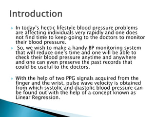 Cuffless blood pressure monitoring project | PPTX