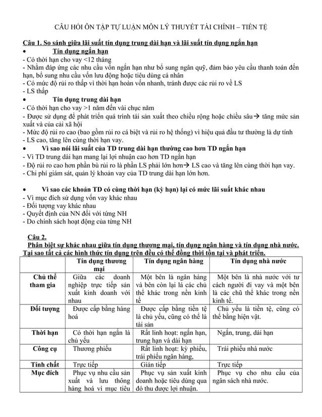 Câu hỏi ôn thi phần tự luận lý thuyết tài chính tiền tệ (vb2) | DOC