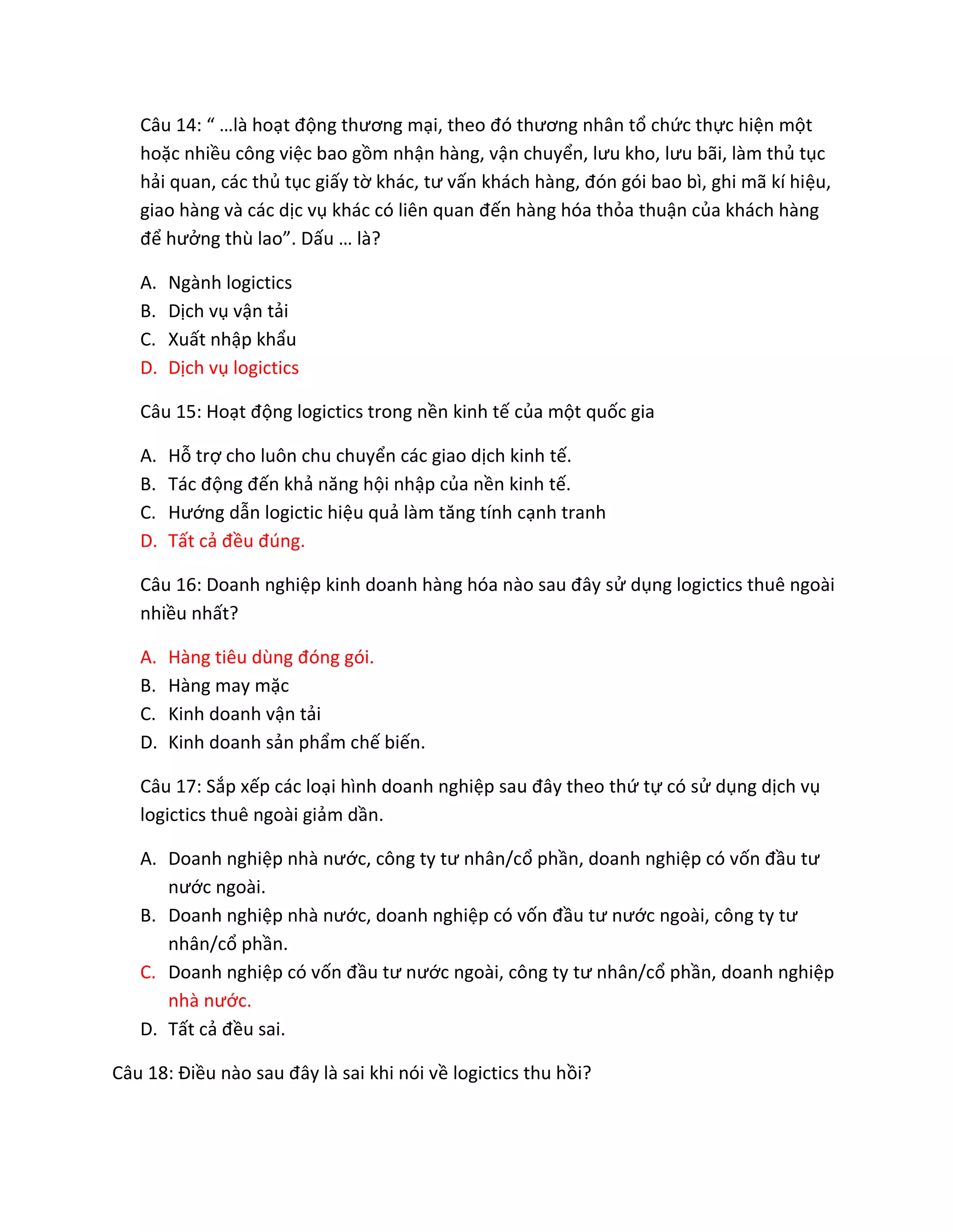 Câu hỏi trắc nghiệm tổng quan về logistics | DOCX