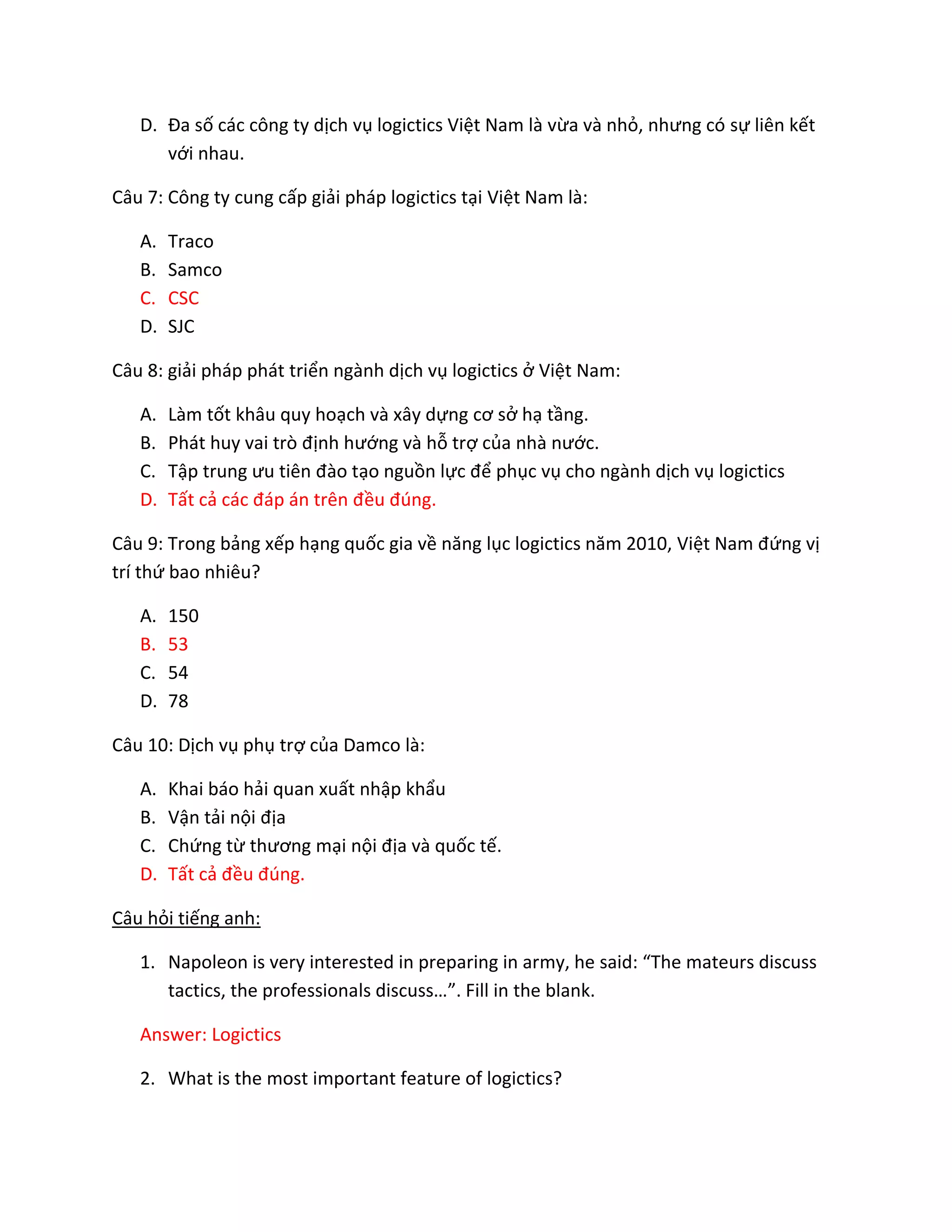 Câu hỏi trắc nghiệm tổng quan về logistics | DOCX