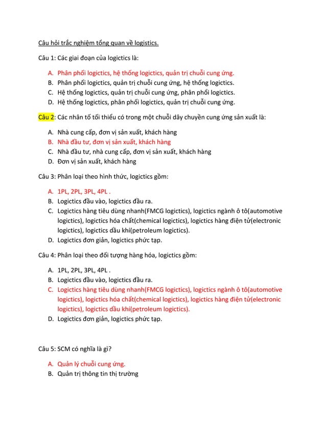 Câu hỏi trắc nghiệm tổng quan về logistics | DOCX