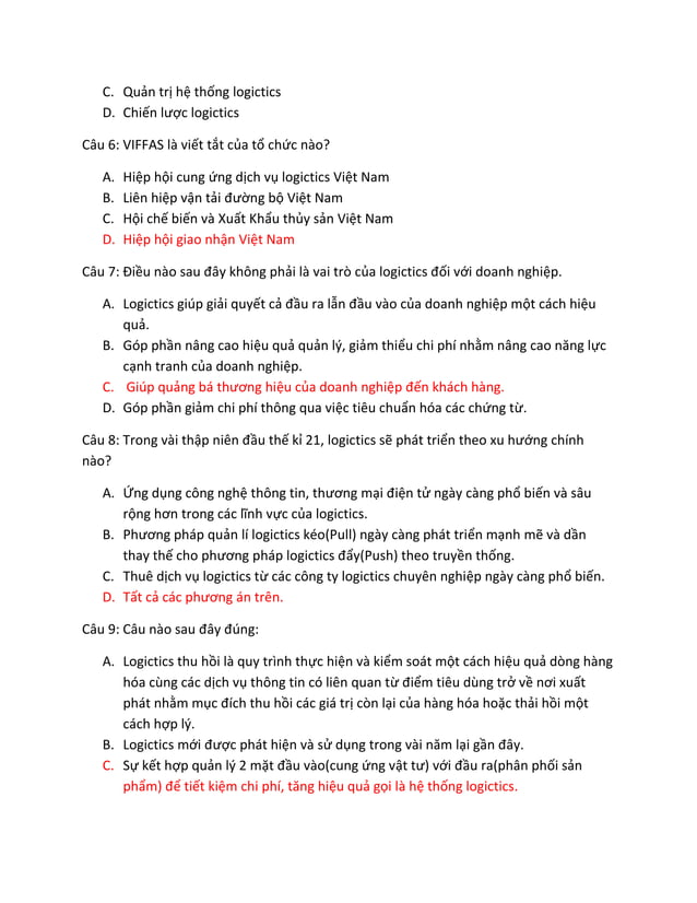 Câu hỏi trắc nghiệm tổng quan về logistics | DOCX