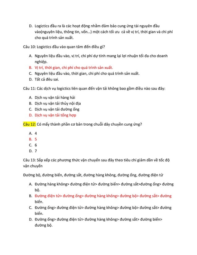 Câu hỏi trắc nghiệm tổng quan về logistics | DOCX