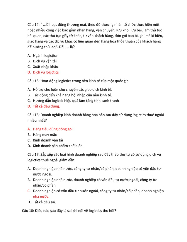 Câu hỏi trắc nghiệm tổng quan về logistics | DOCX