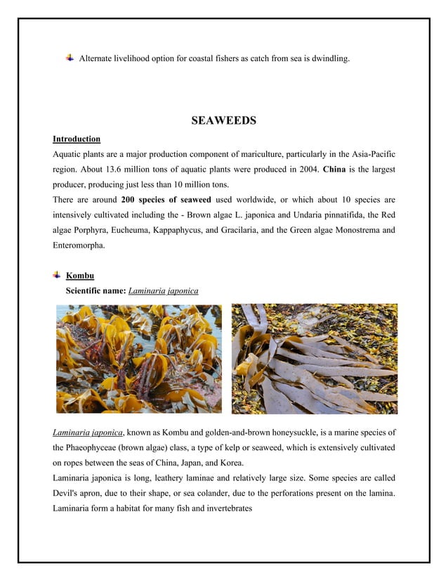 Cultivable coastal water species of Fishes, Crustaceans, Mollusks ...
