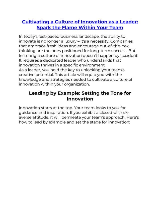 Cultivating a Culture of Innovation as a Leader- Spark the Flame Within ...