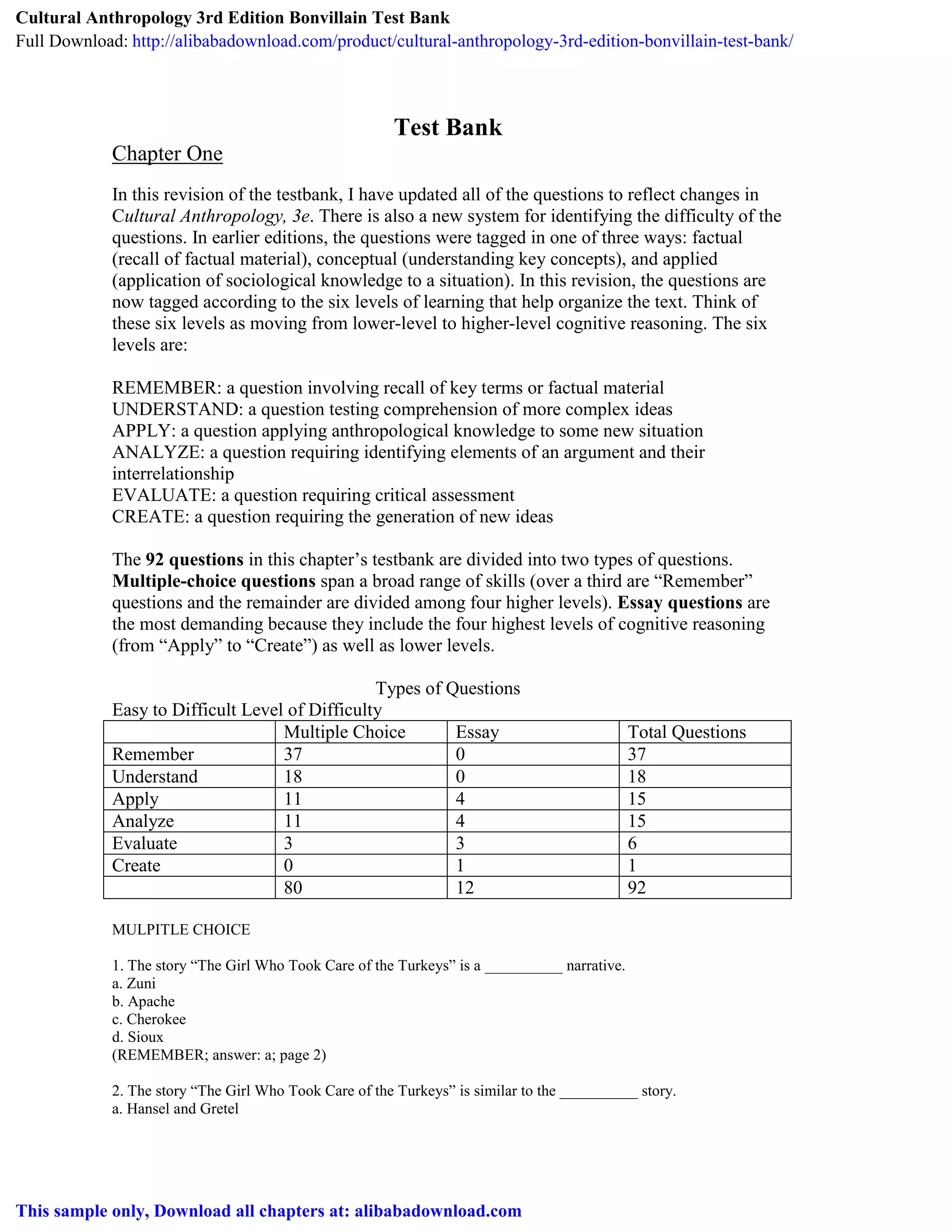 Cultural Anthropology 3rd Edition Bonvillain Test Bank | PDF