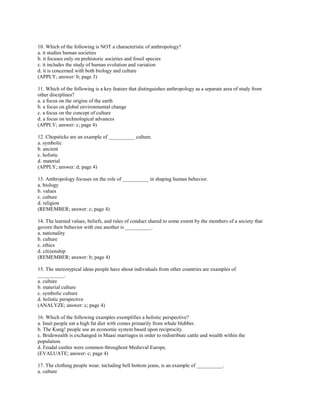 Cultural Anthropology 3rd Edition Bonvillain Test Bank | PDF