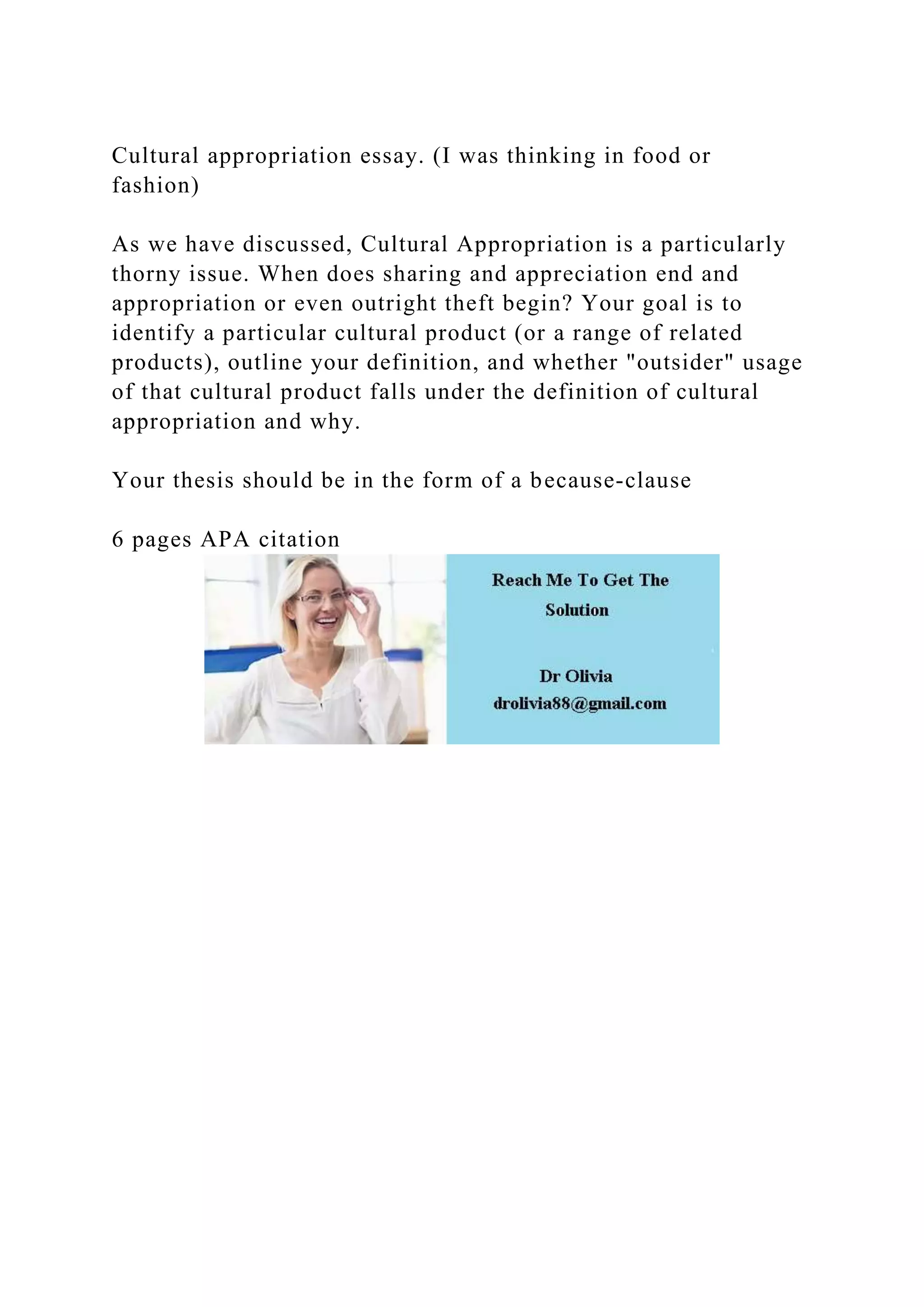 Cultural appropriation essay. (I was thinking in food or fashion) .docx