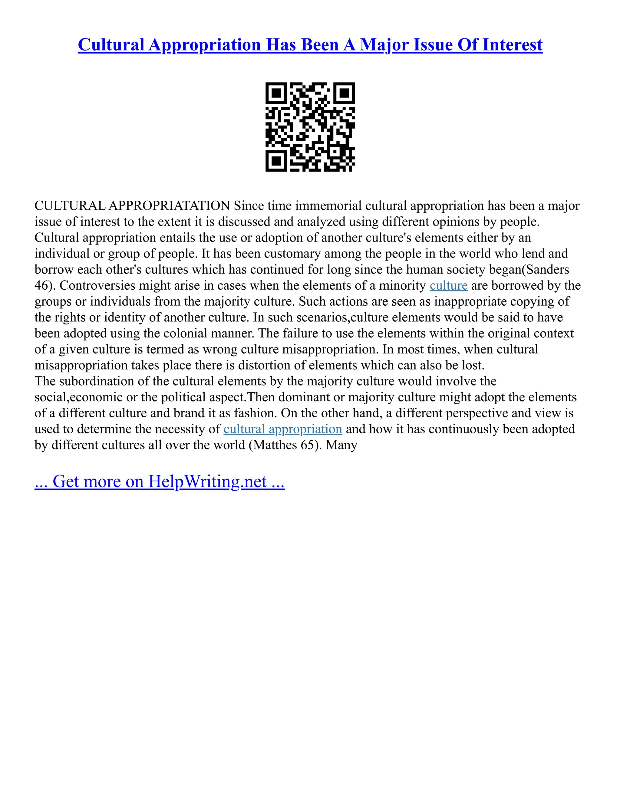 Cultural Appropriation Has Been A Major Issue Of Interest | PDF